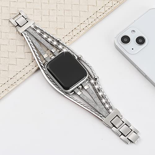 WONMILLE Posh Leather Bands Compatible With Apple Watch 41mm 40mm 38mm Women, Boho Bracelets Jewelry Multilayer Wrap Strap for iwatch Series SE 8 7 6 5 4 3 2 1 (Glitter Silver, 38mm/40mm/41mm)