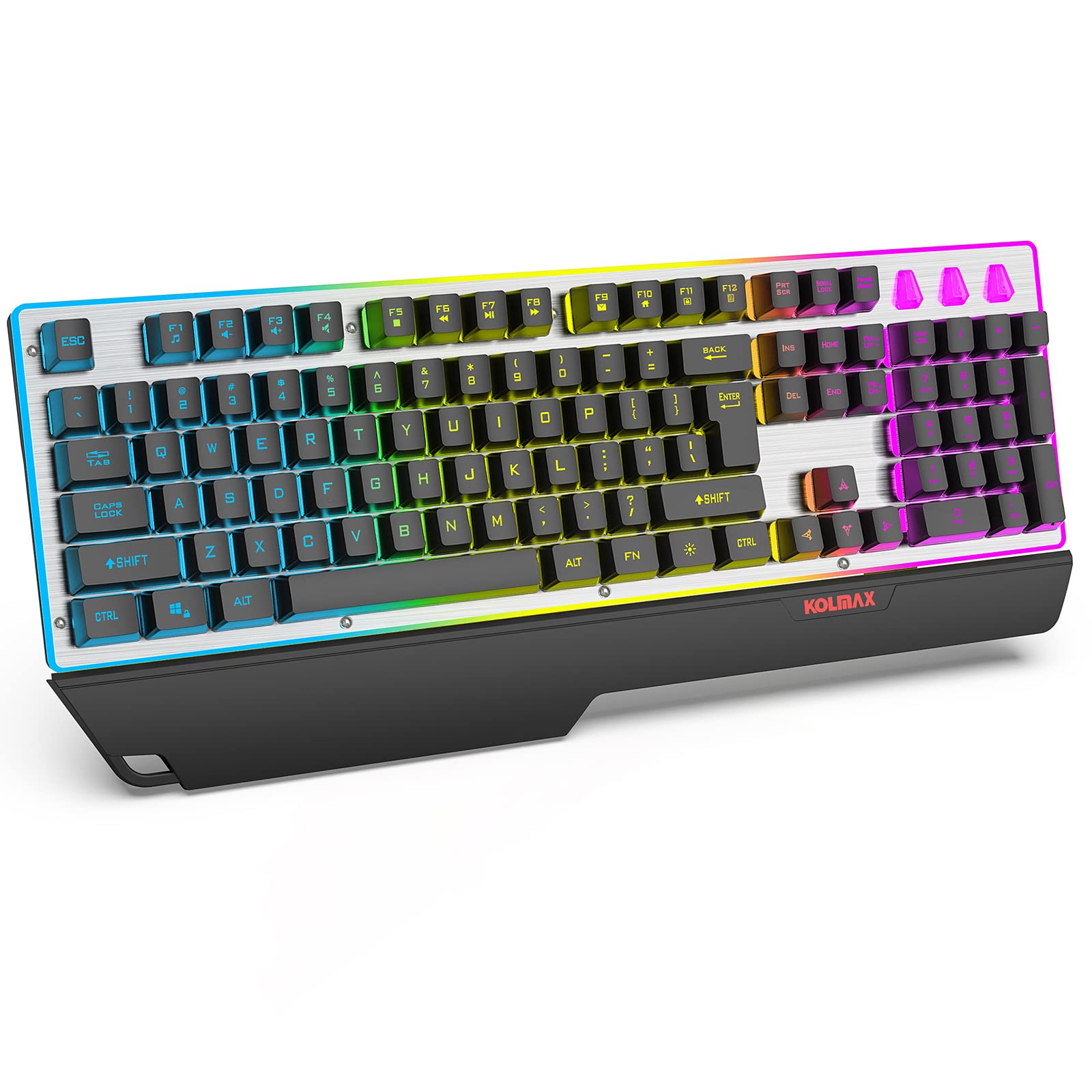 Gaming Keyboard Colorful Rainbow LED Backlit Keyboard with Ergonomic Detachable Wrist Rest,Transparent Aluminum Panel Keyboard with Mechanical Feeling 104 Keys for PC PS4 Xbox Mac,Office/Gaming