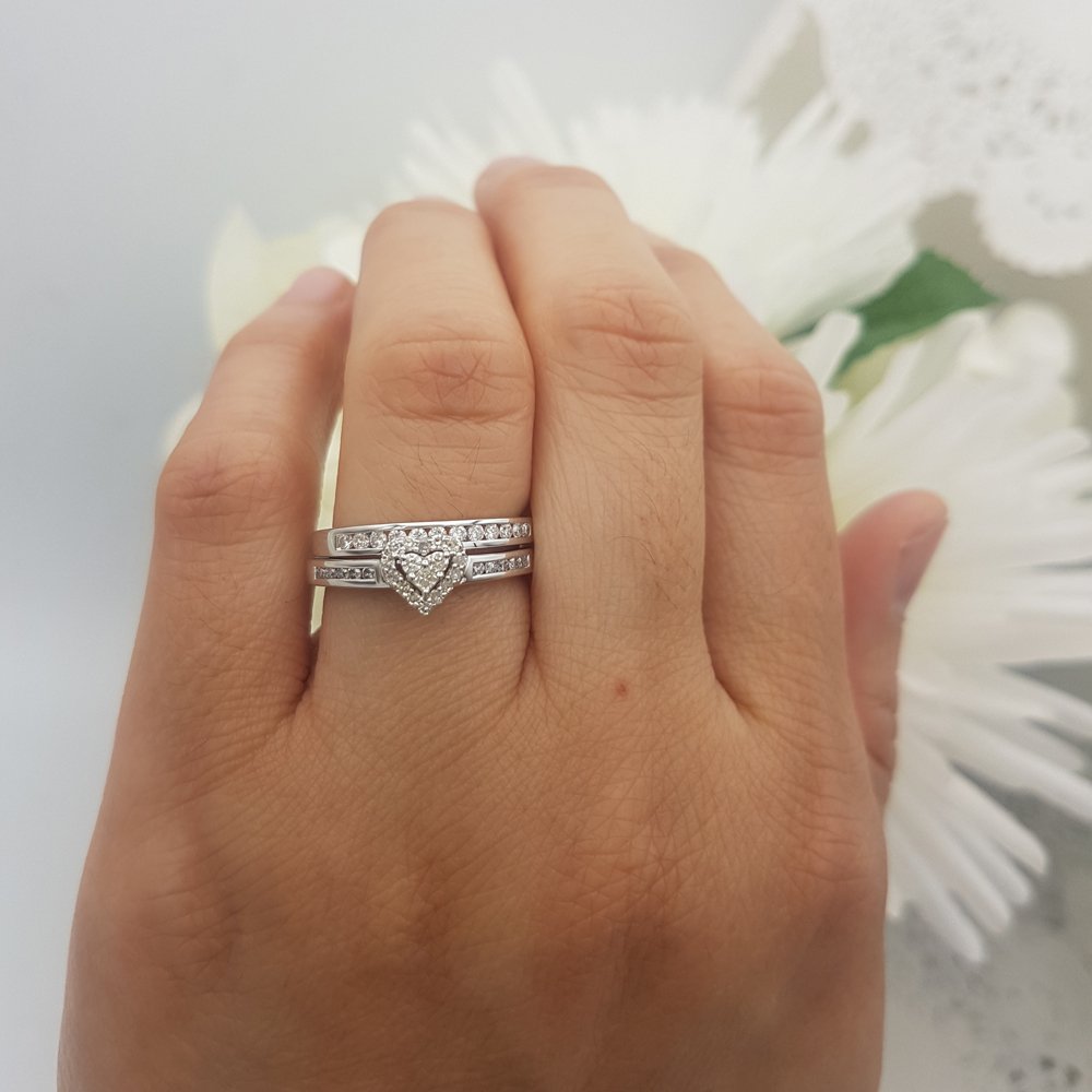 Dazzlingrock Collection 0.55 Carat (Cttw) 10k Round & Princess Diamond Women Heart Shaped Engagement Ring Set 1/2 CT, White Gold, Size 7.5