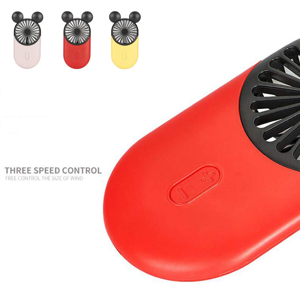 DECVO Cute Personal Mini Fan, Handheld & Portable USB Rechargeable Fan with Beautiful LED Light, 3 Adjustable Speeds, Portable Holder, for Indoor Or Outdoor Activities, Cute Mouse 2 Pack (Red+Pink)