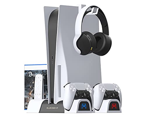 ElecGear PS5 Cooling and Charging Stand, DualSense Controller Charger Dock with Cooling Fan, Vertical Storage Bracket for Games Blu-ray and Media Remote, Wireless Gaming Headset Hook Holder