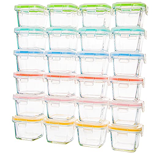 YARYOUNG 24 Pack 5oz Small Glass Food Storage Containers, Tiny Food Containers with Locking Lids Leak-proof, Glass Food Jars for Storing and Freezing food, Oven & Dishwasher Safe, BPA Free, Square