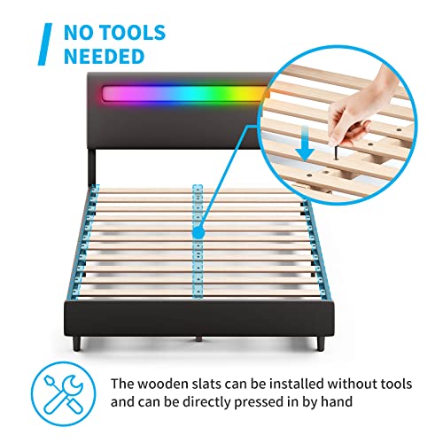 Mjkone Queen Size Bed Frame, LED Bed Frame with Smart RGB LED Light Bar, Works with Alexa or Apps, Platform Bed with Adjustable Lighting, Upholstered Bed Frames with Headboard, No Mattress, Black