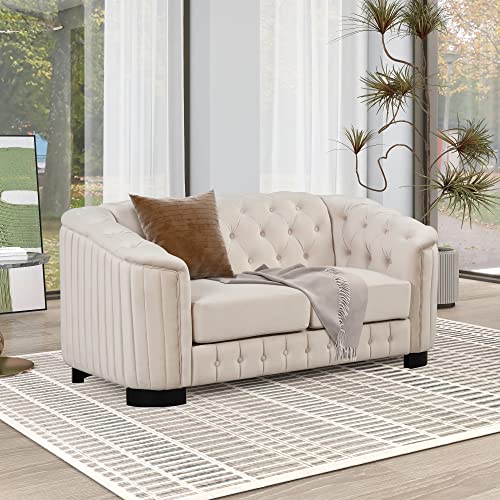 kevinplus 64'' Loveseat Chesterfield Sofa Couch for Living Room, Velvet Modern 2-Seat Tufted Upholstered Small Sofa Couch with Thick Removable Seat Cushion for Apartment Bedroom, Wooden Legs, Beige