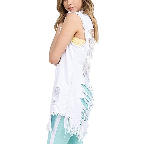Songling Women's Distressed Ripped Sleeveless Mid Long Denim Jacket Jean Vest Cardigan Coats(White,XXL)