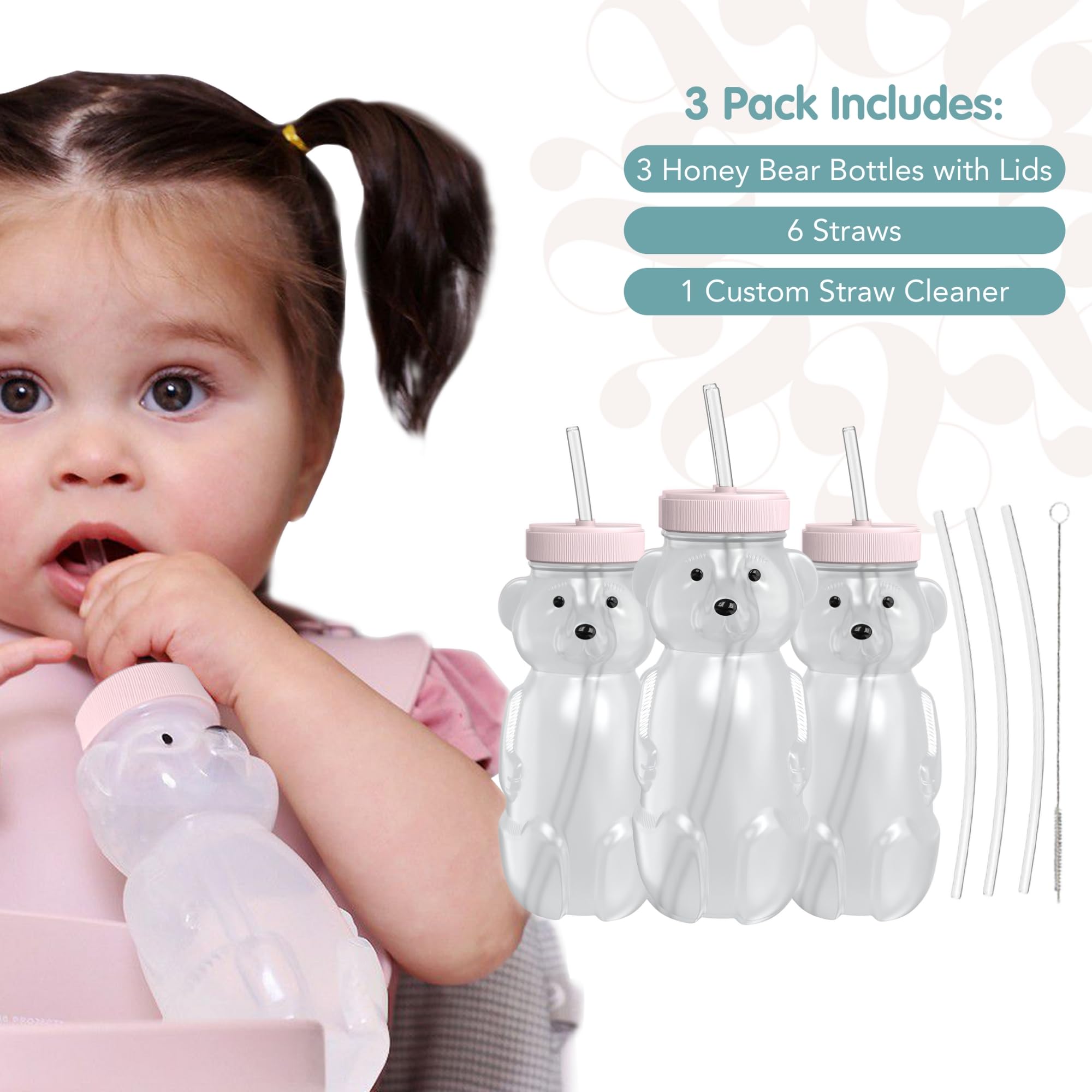 The 730 Project Honey Bear Straw Cup for Babies, 8-oz Honey Bear Cup with Lid, 3-Pack Therapy Learning Honeybear Straw Cup, Baby Honey Bear Bottle Set, Cherry Blossom PINK