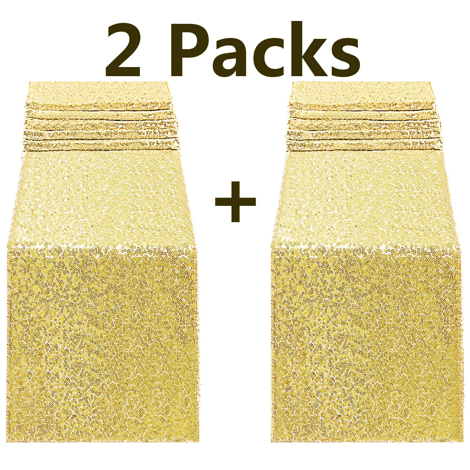 FECEDY 2packs 12 x 108inch Glitter Gold Sequin Table Runner for Birthday Wedding Engagement Bridal Shower Baby Shower Bachelorette Holiday Celebration Party Decorations