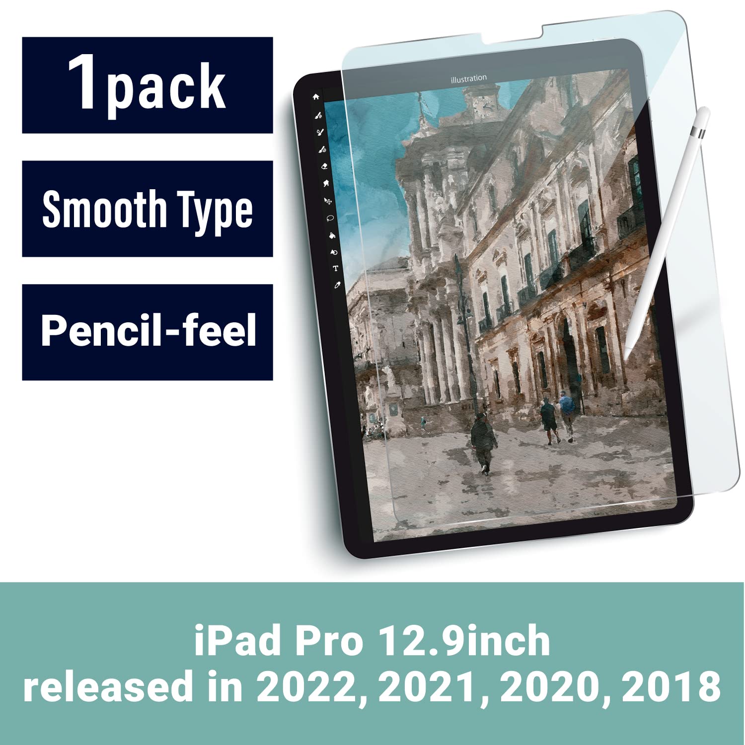 Elecom Pencil Feel Screen Protector, Newer model(Easy-Install), Smooth type, Japan Made, iPad Pro 5 4 3 (12.9", 2021,2020,2018) Drawing/Notetaking/Anti-glare, Apple Pencil Compatible (TB-APS129-W)