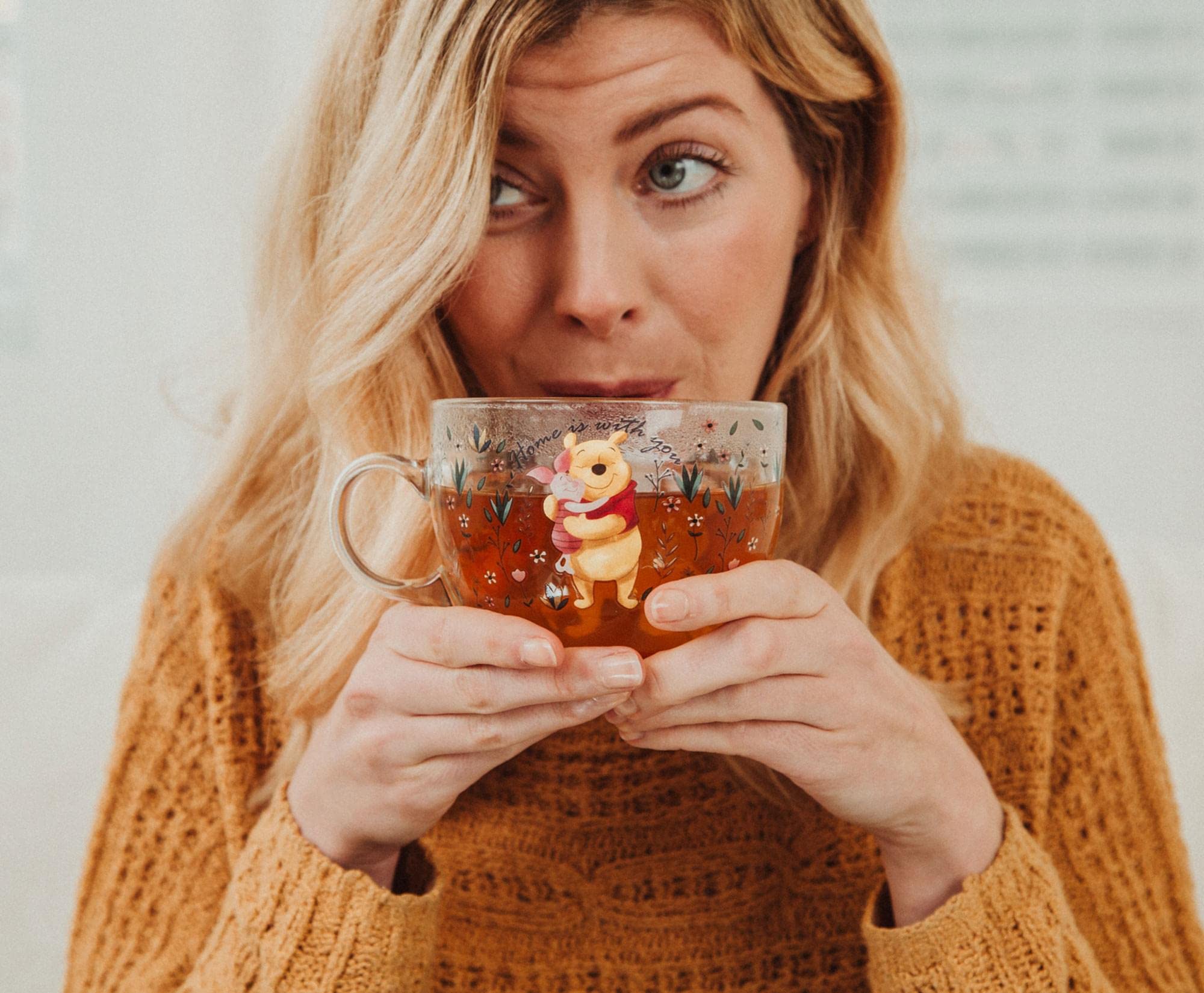 Disney Winnie the Pooh and Piglet Floral Glass Mug | Large Coffee Cup For Espresso, Tea, Mocha | Holds 16 Ounces