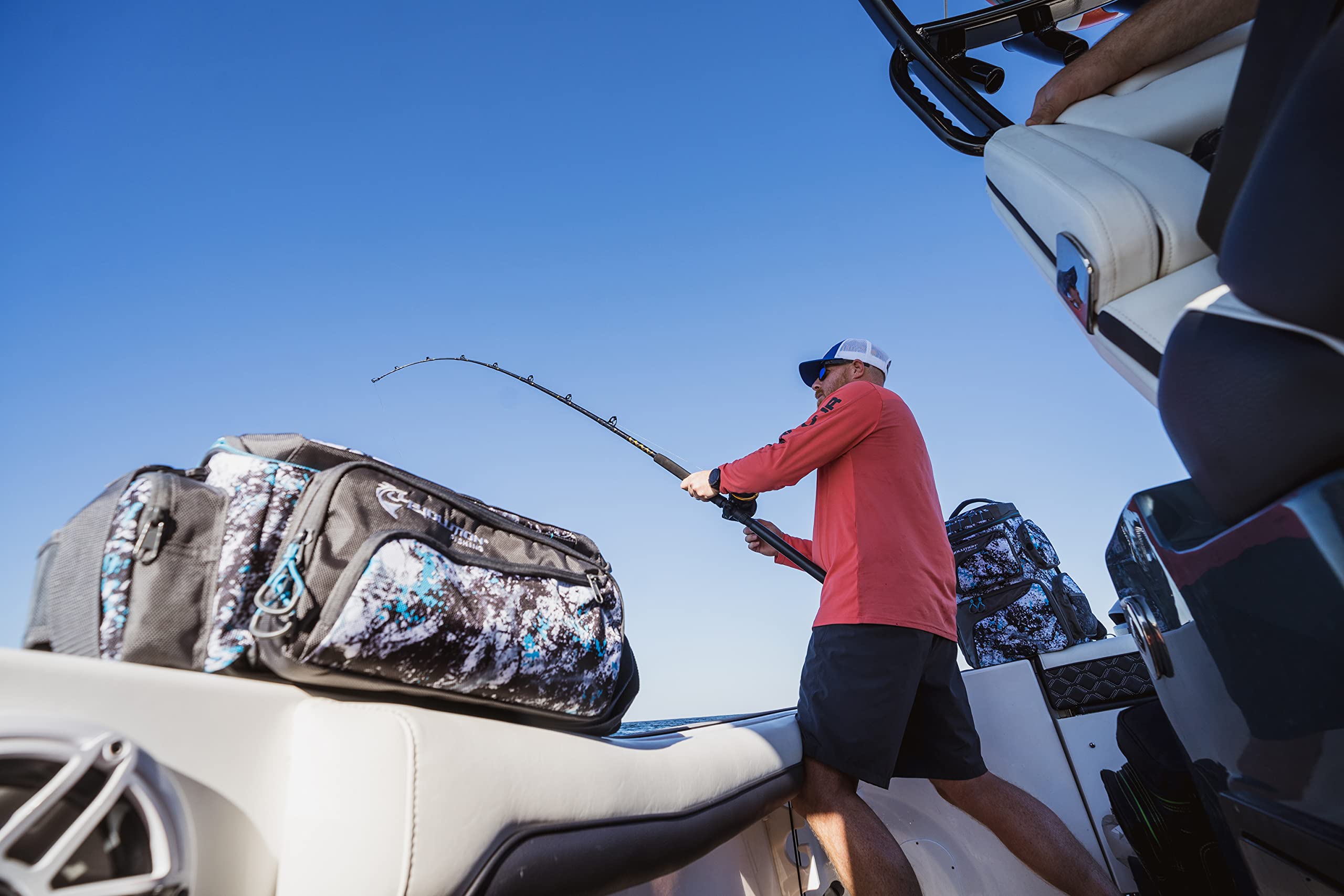 Evolution Fishing Largemouth 3700 Tackle Bag - 19" in, Water Camouflage, Outdoor Carry Bag w/ 3 Fishing Trays, Plier Holster, Tackle Box Storageā¦