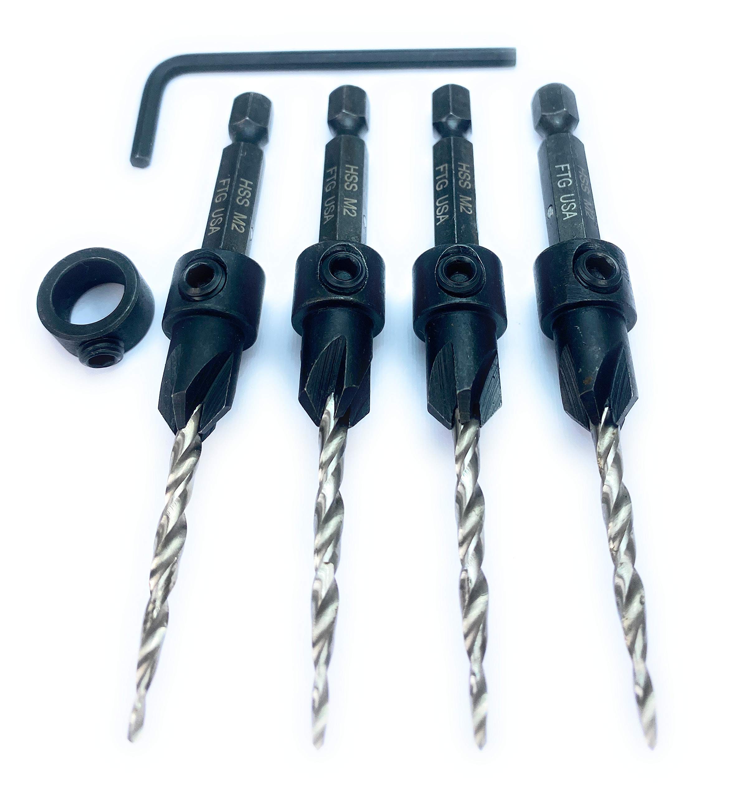 FTG USA Countersink Drill Bit Set 4 Piece Same Size #6 (9/64") Countersink Drill Bit with 12 Replacement Tapered Countersink Bits #6 (9/64") 1 Depth Stop Collar, 2 Hex Wrench