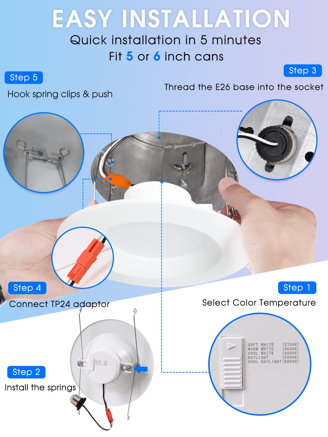 Energetic 5/6 Inch 5CCT LED Recessed Light, 2700K-6500K Selectable Downlight, Can Lights with Baffle Trim, CRI 90, Wet Rated, E26 Base, 10.5W=85W, Dimmable, Simple Retrofit Installation, ETL, 6 Pack