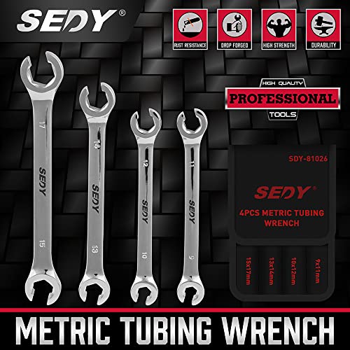 SEDY 4-Piece Flare Nut Wrench Set, Offset End Spanner Metric 9,10, 11,12, 13, 14, 15, 17mm, CR-V Steel, with Storage Pouch for Repair and Remove Nuts on Fuel, Tube, Hose, Transmission Lines