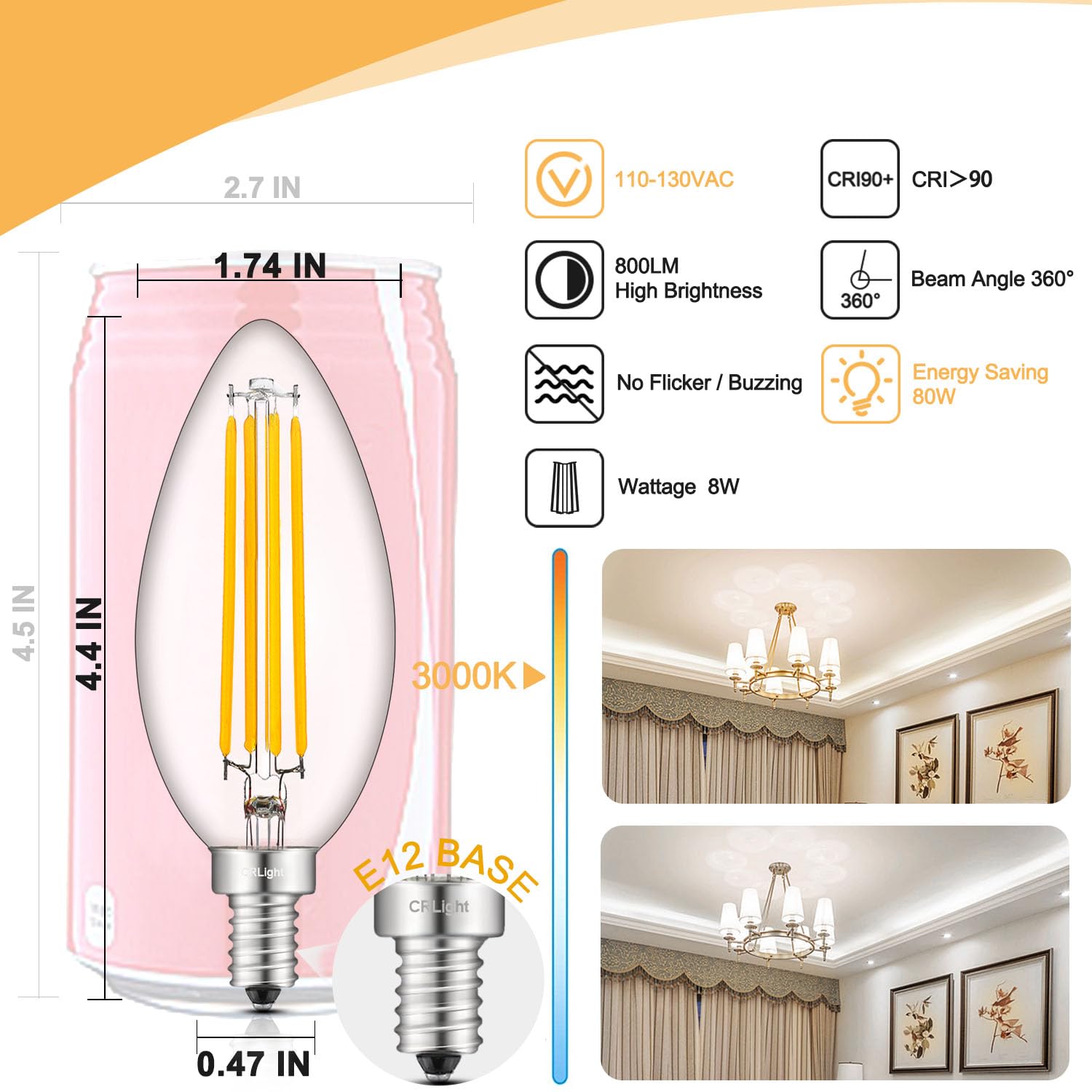 CRLight 8W Dimmable Large LED Candelabra Bulb 80W Equivalent 800LM, 3000K Soft White E12 Lengthened & Enlarged B17 Clear Candle E12 LED Chandelier Light, Smooth Dimming Version, 4 Pack