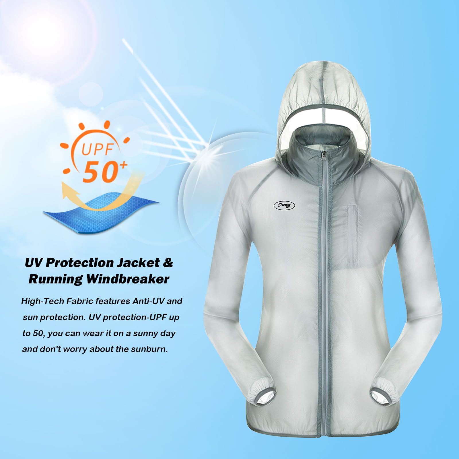 Dooy Sun Protection Jacket Ultra Thin Lightweight Breathable Packable Outdoor Cycling Jacket Hoodie Skin Clothing for Men & Women(Grey,2XL)