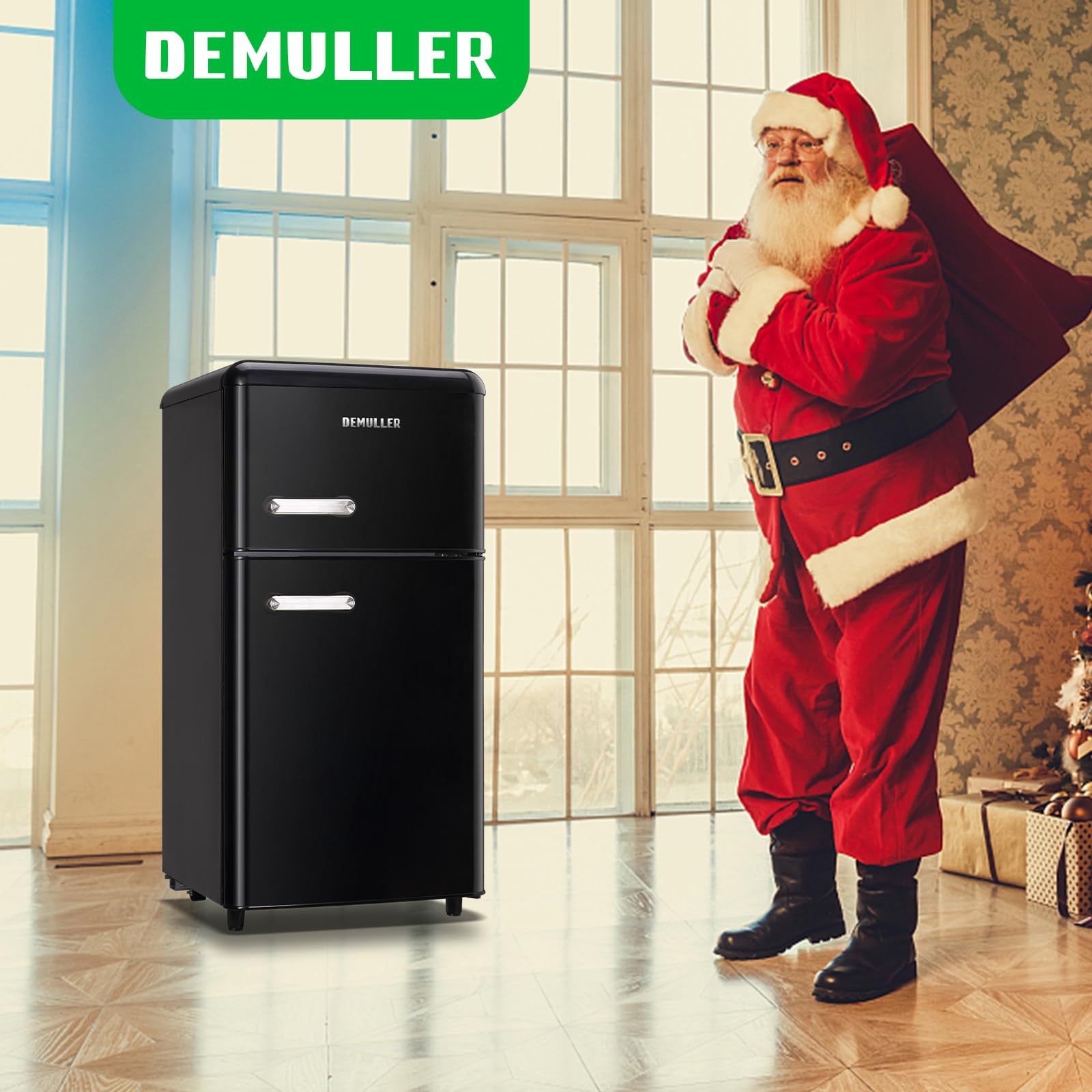 DEMULLER 3.5 CU.FT Mini Fridge with Freezer Compact Retro Refrigerator Dual Door Handles 7 Temp Adjustable Temp LED Lights Removable Storage Shelves for Dorm Apartment Office Black