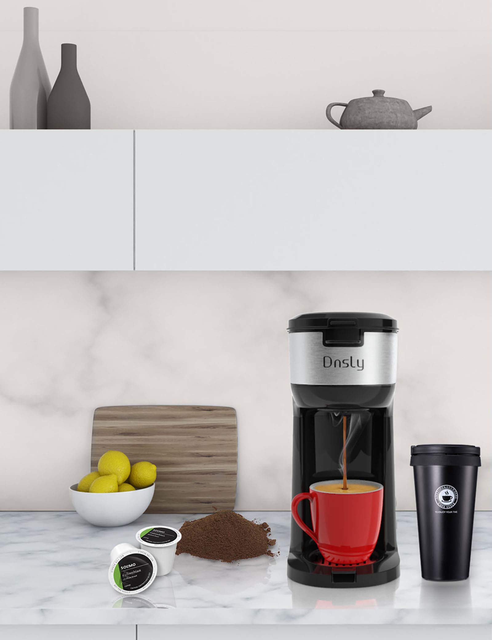 Dnsly Single Serve Coffee Maker attached Travel Mug, 2 in 1 Capsule Pod & Ground Coffee, With BPA Free, Strength Controlled from 6oz to 14oz and Self Cleaning Function