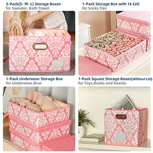 SEEKIND Storage Box, Decorative Storage Bins with Lid,6 in 1 Set,with Handles,Foldable for Space Saving Storage Boxes,for Bras,Clothes, Cosmetic,Blankets (Pink) …