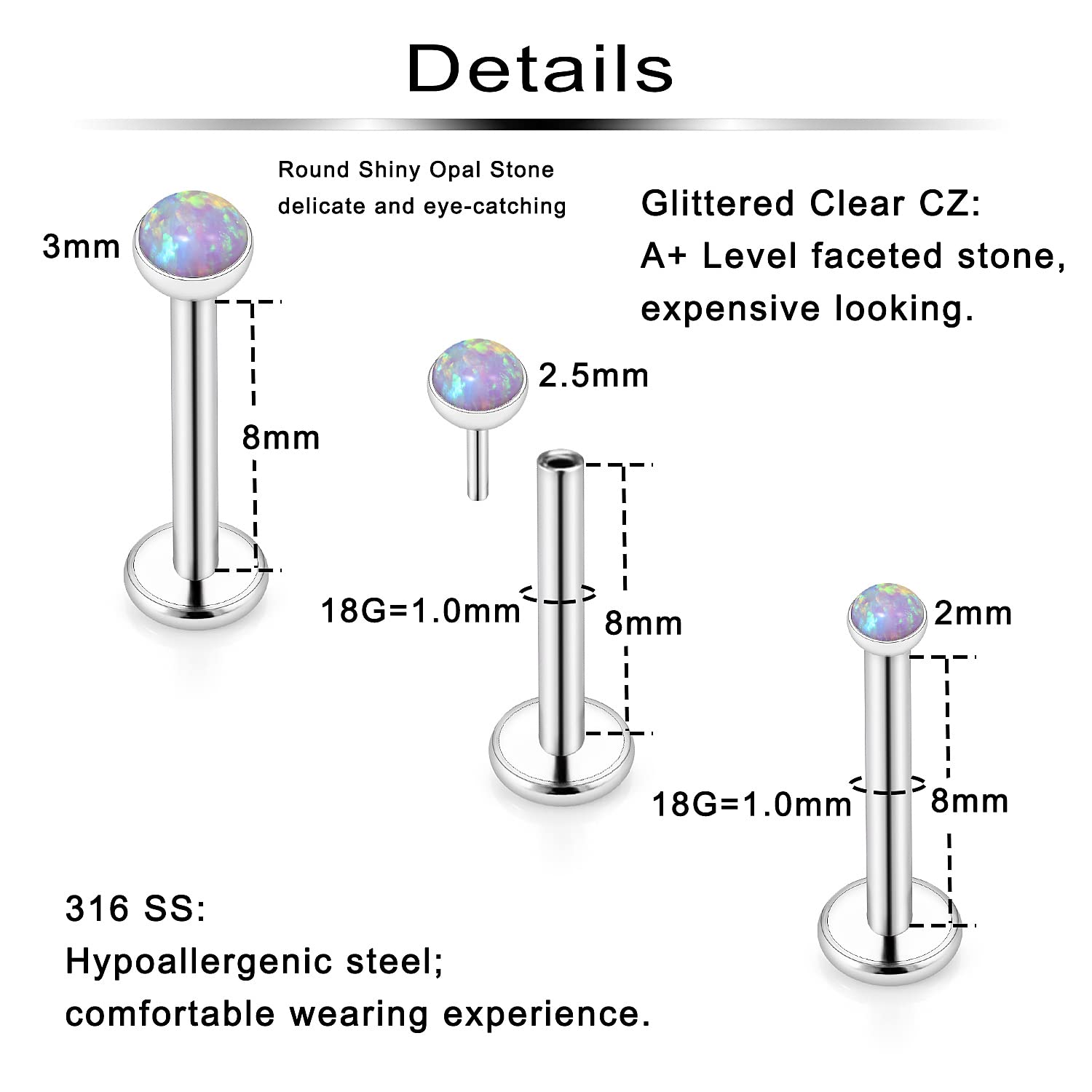Ftovosyo 18G Threadless Push in Nose Rings Studs Surgical Steel Pushin Nose Stud 2mm 2.5mm 3mm Round Crystal Opal Nose Piercing Jewelry for Women Men