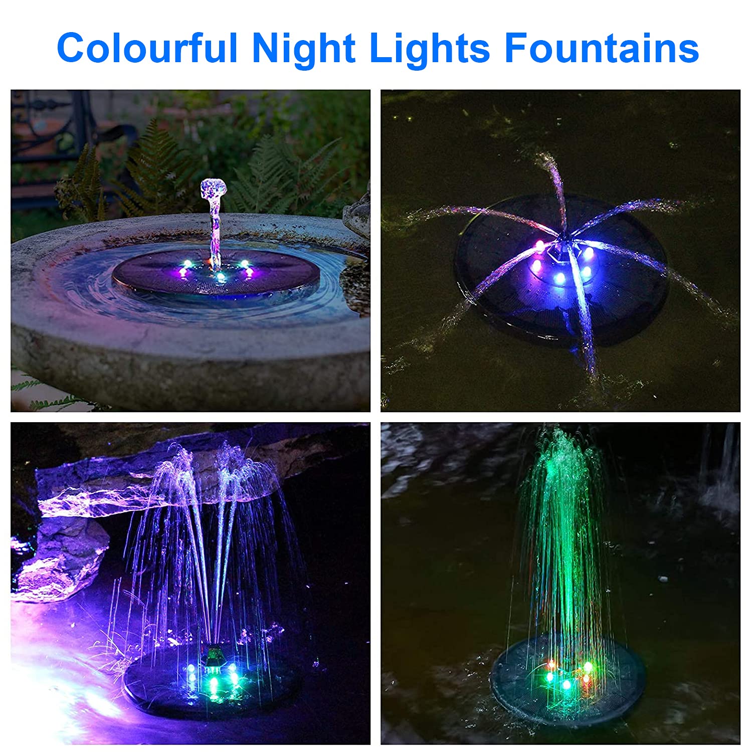 DoFida Solar fountain for bird bath w/ built-in 900mAh battery 6 x LED color light Complimentary 7 nozzle heads 3Watt solar panel