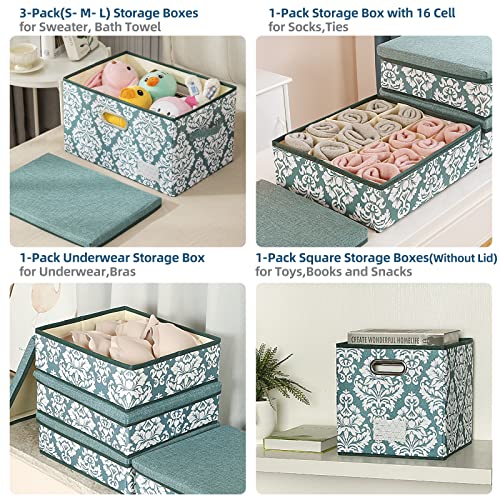 SEEKIND Storage Box, Decorative Storage Bins with Lid,6 in 1 Set,with Handles,Foldable for Space Saving Storage Boxes,for Bras,Clothes, Cosmetic,Blankets (Turquoise)