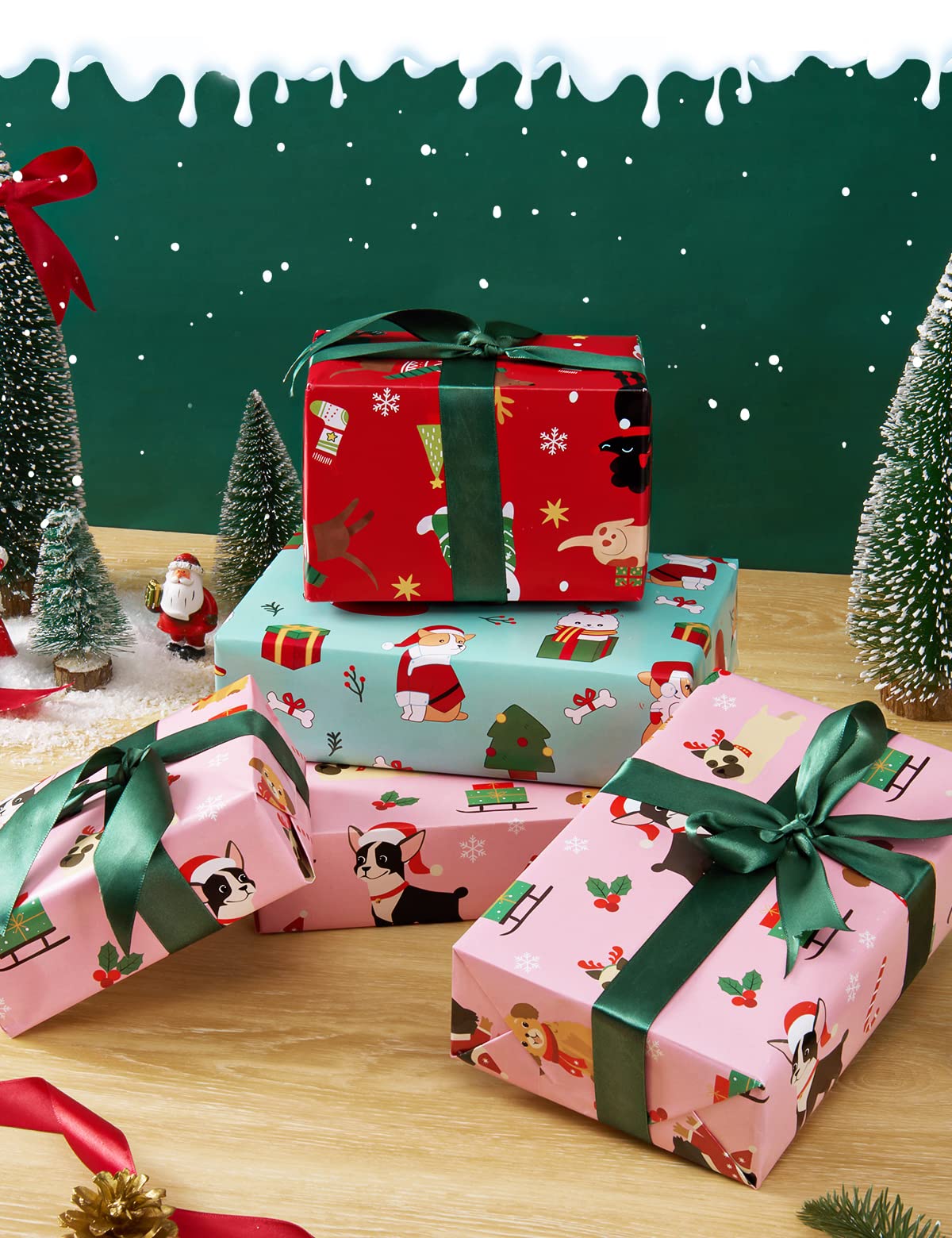 Dog Christmas Wrapping Paper - 10 Sheets, 27 x 20 inches, Holiday Gift Wrap with Puppy and Animal Prints