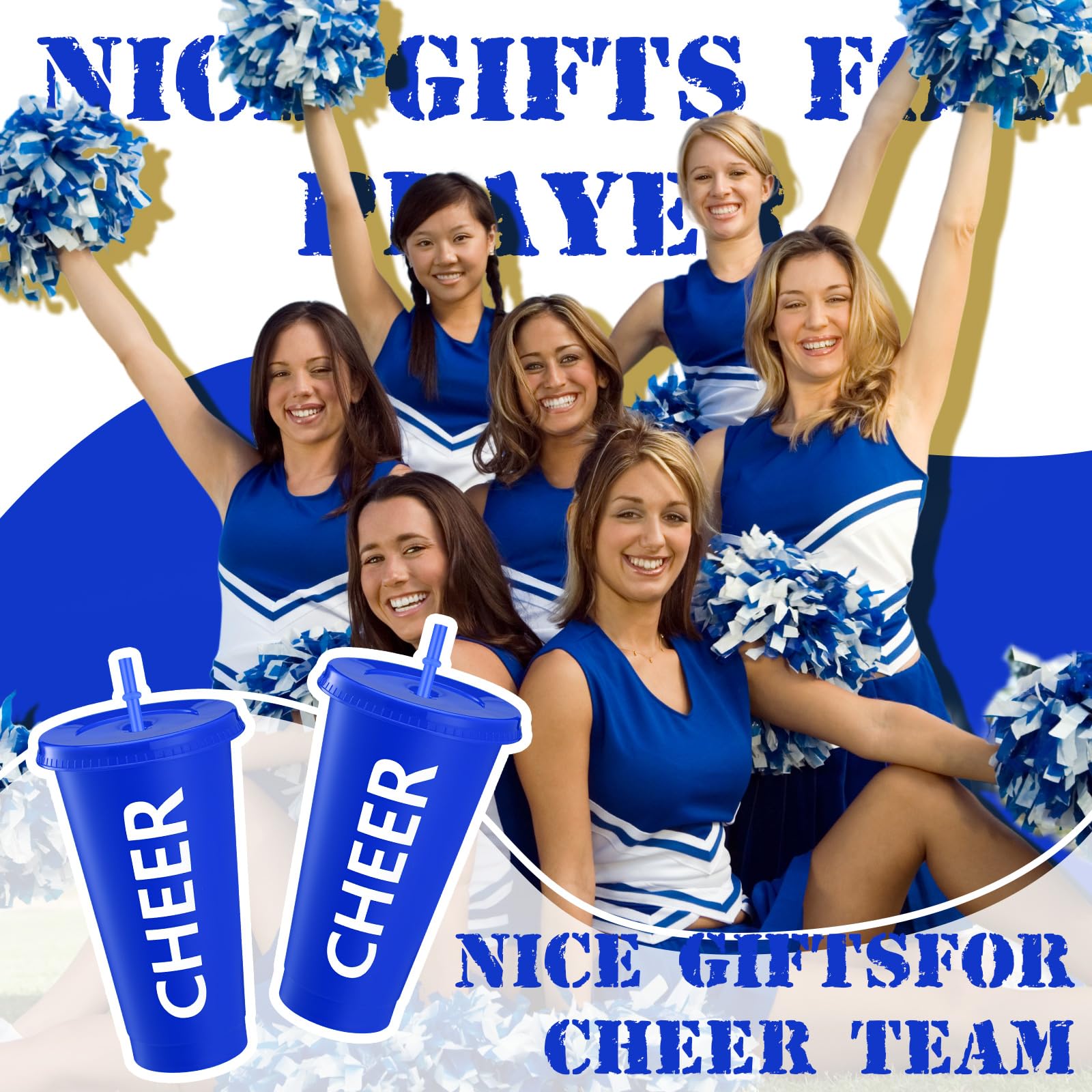 Layhit Cheer Teams Gifts Cheer Tumbler Cups Bulk 24 oz Reusable Cheer Plastic Tumbler with Straw and Lid Cheer Water Bottles for Team(Blue,12 Sets)