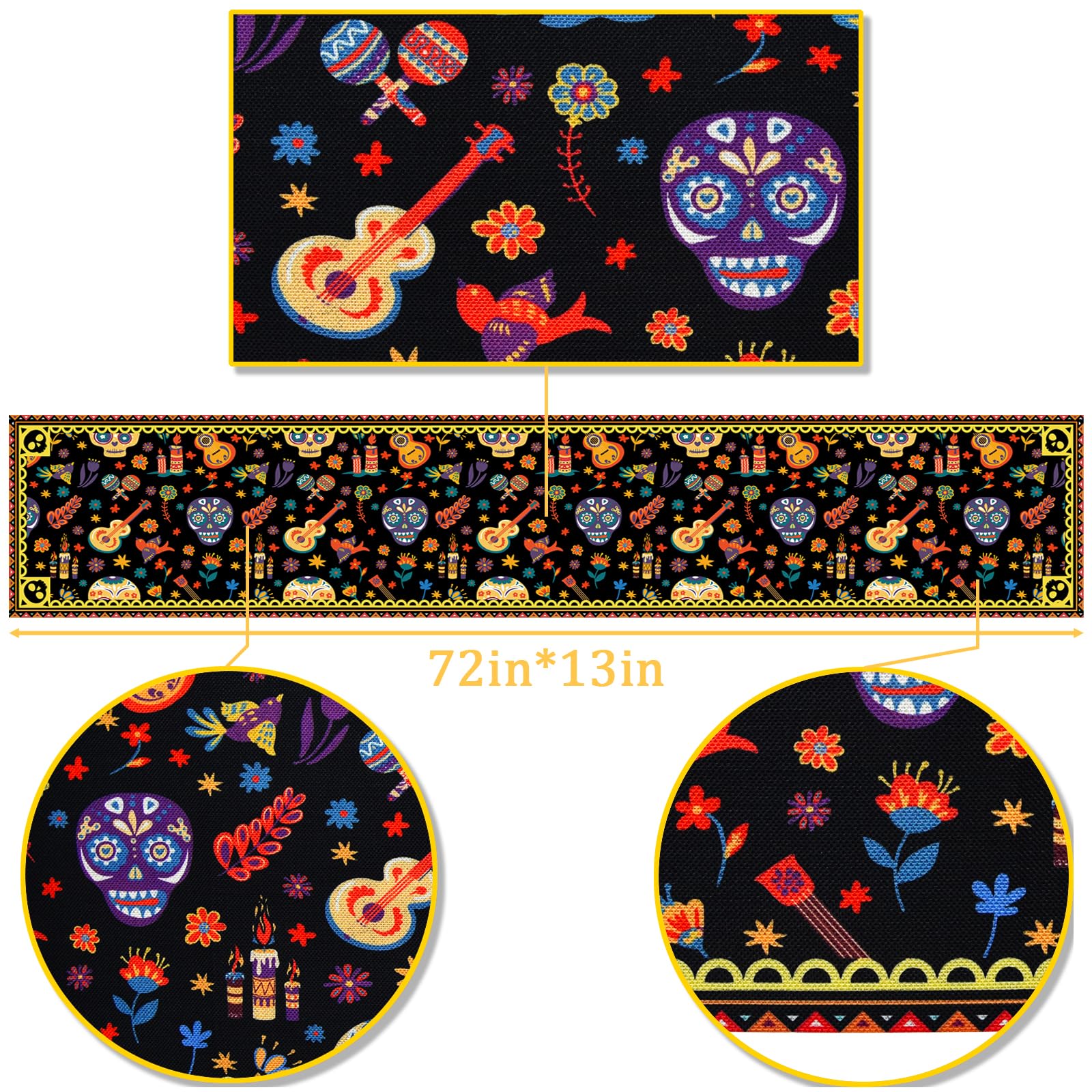Day of The Dead Table Runner Dia De Los Muertos Decorations Cinco de Mayo Rustic Linen Mexican Sugar Skull Altar Kit Decor for Home Kitchen Dining Room Decoration