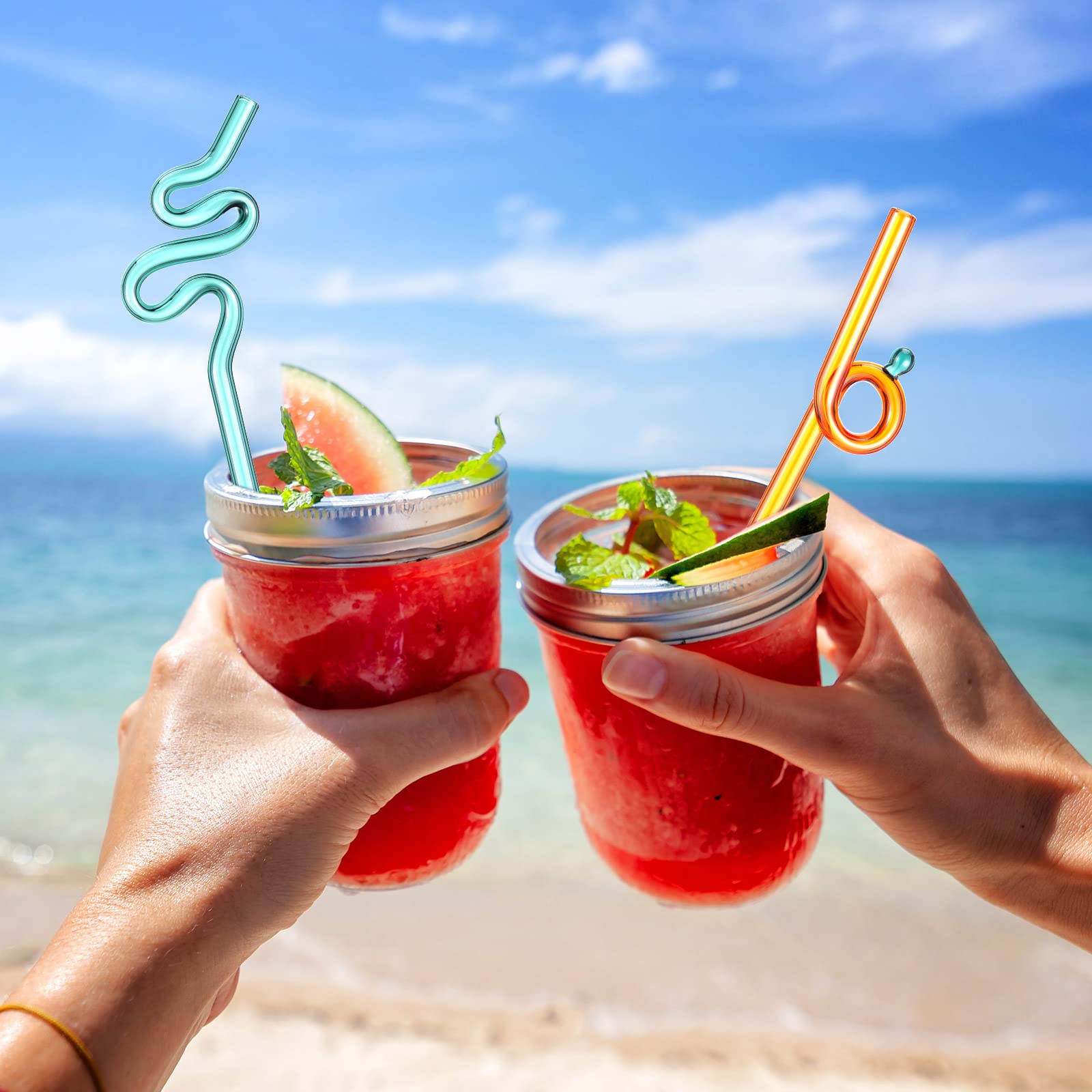 Gerrii 10 Pcs Twists Glass Straws Crazy Straws Cute Reusable Glass Straws Silly Straws for Drinking Beverages Coffee Drinks (Cool)