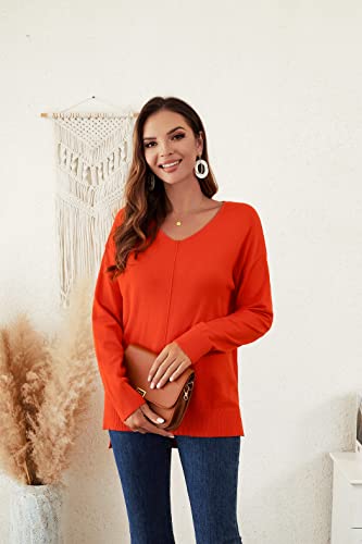 MicroStar Women's Spring Casual Lightweight V Neck Batwing Long Sleeve Knit Top Loose Pullover Sweater Orange