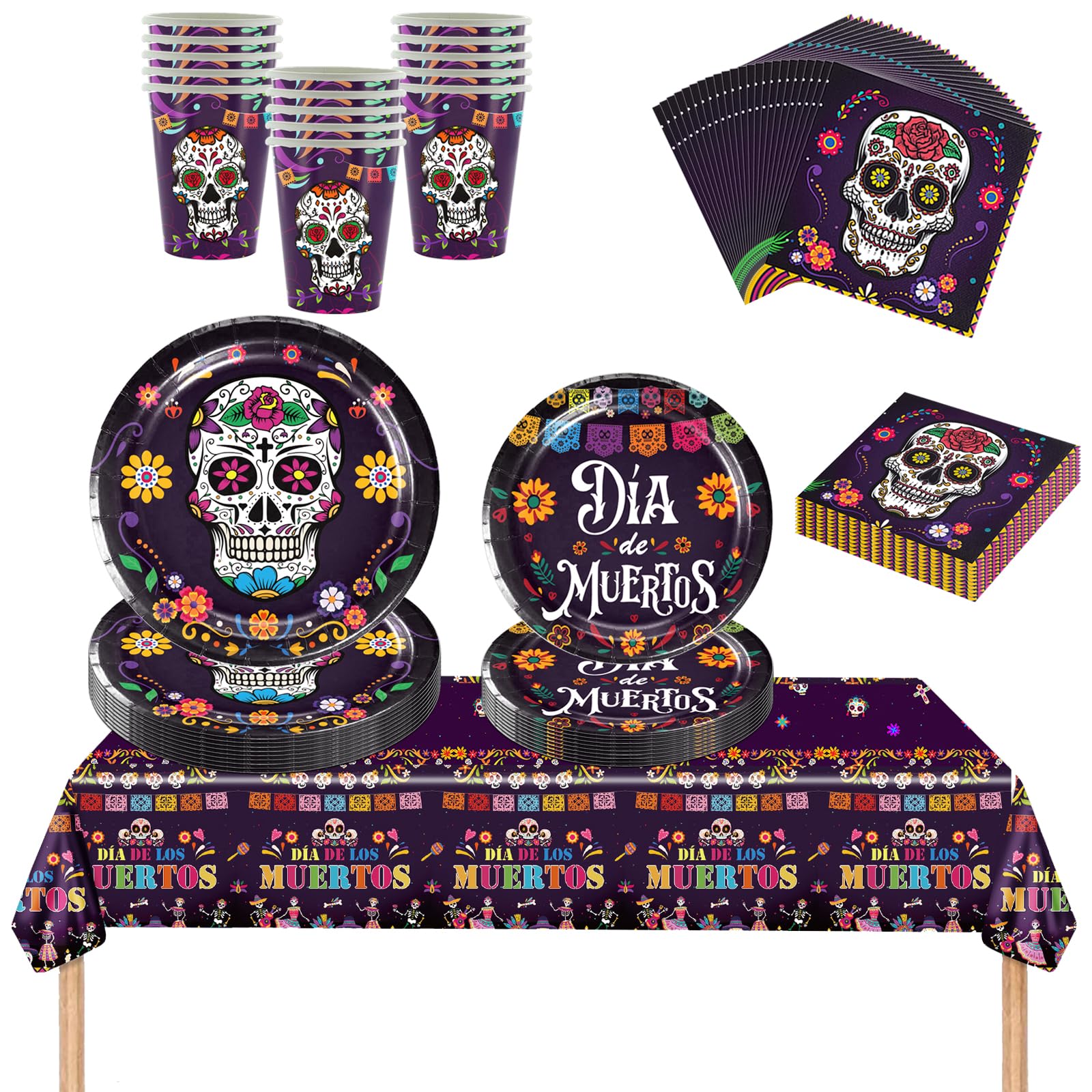 Day of the Dead Party Tableware Set,Sugar Skull Dia De Los Muertos Tableware Include Plates,Napkins,Cups and Tablecloth for Mexican Party Fiesta Decoration Supplies(Serve 16)