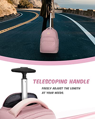 MATEIN Rolling Backpack for Women, 17 Inch Travel Laptop Backpacks with Wheels, Waterproof Large Carry On Business Luggage Roller Backpack, Trolley Suitcase Overnight College Work Computer Bag, Pink