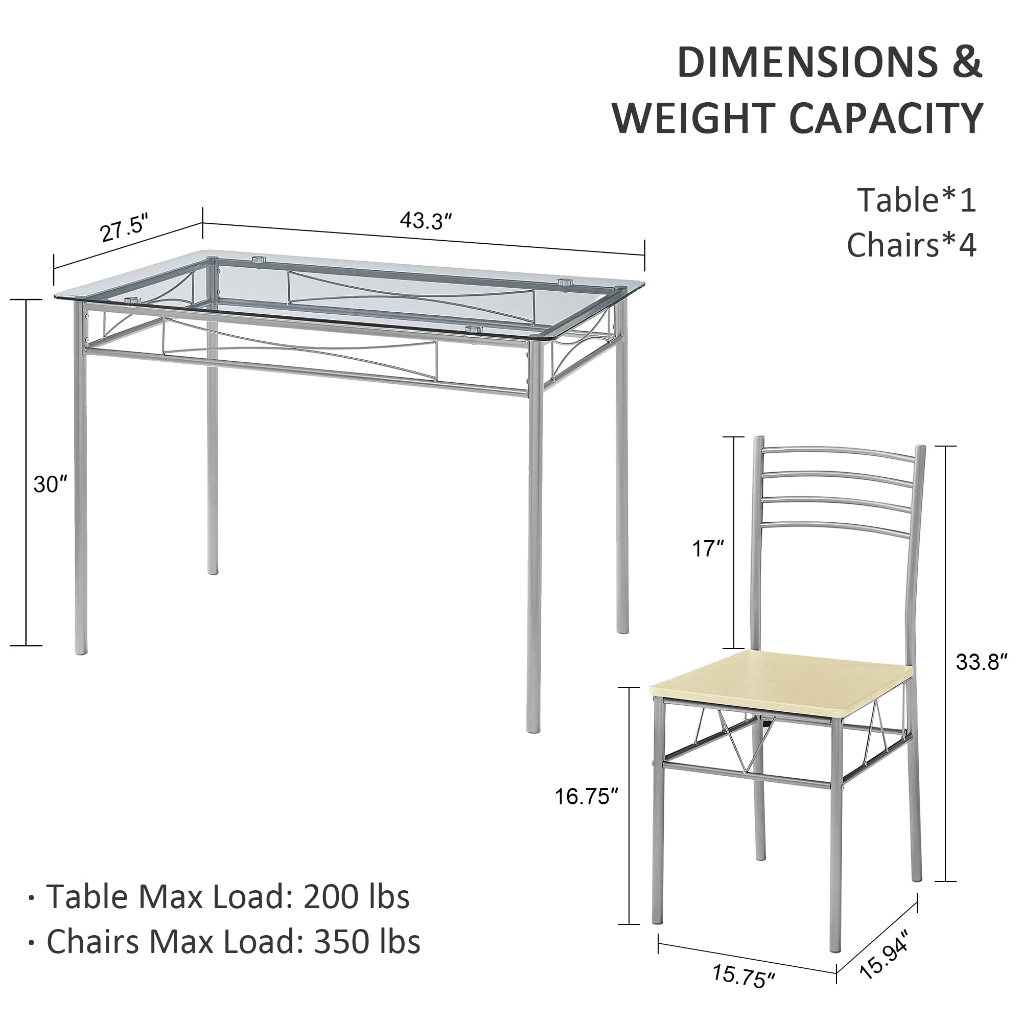 VECELO Dining Table with 4 Chairs [4 Placemats Included-] Silver X-Large
