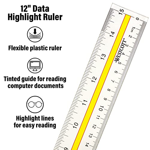 Westcott Acrylic Data Highlight Reading Ruler With Tinted Guide, 15" Clear
