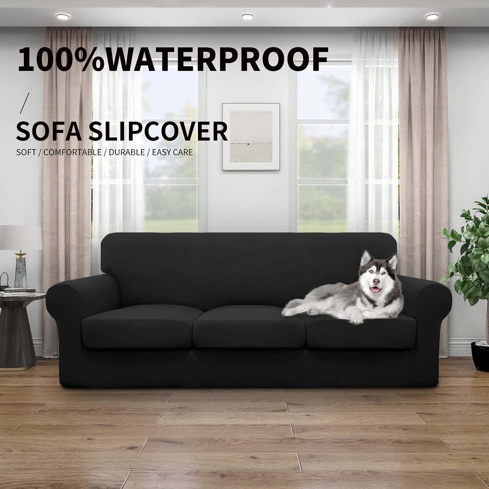 Easy-Going 100% Dual Waterproof Stretch Soft Couch Cover for Dogs, Sofa Slipcover for 3 Separate Cushion Couch Leakproof Furniture Protector for Kids, Pets Black