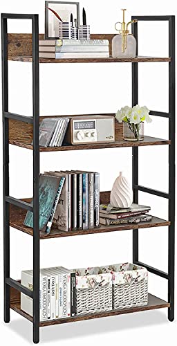 VANSPACE Bookshelf 4 Tier Industrial Bookcase Rustic Wood and Metal Standing Bookshelf with Back Panel Book Shelf for Bedroom, Home Office Storage Rack Shelf, Rustic Brown