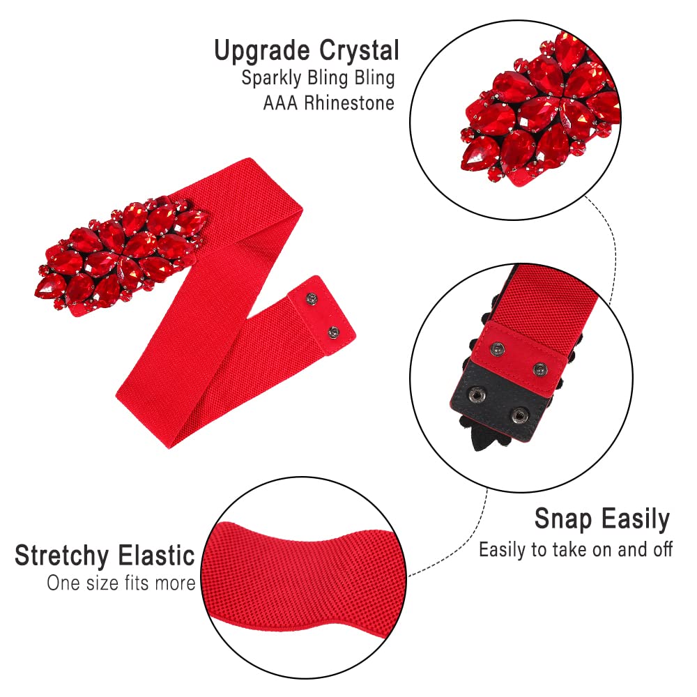 Dorchid Women Rhinestone Belt Crystal Elastic Waist Floral Cummerbund for Dress Red