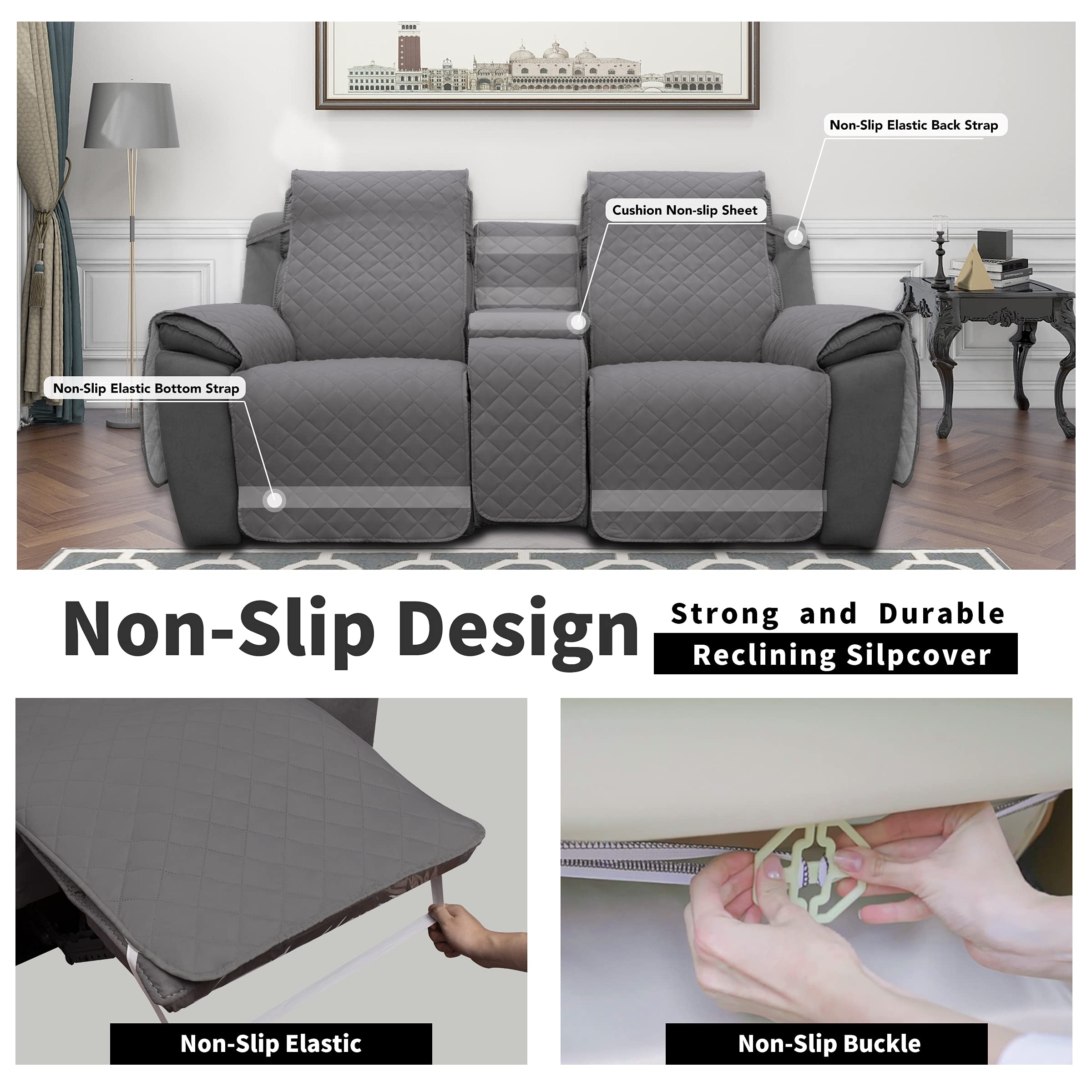 Easy-Going Loveseat Recliner Cover with Console, Reversible Couch Cover for Living Room, Split Sofa Cover for Each Seat with Elastic Straps for Kids, Dogs, Pets(2 Seater, Gray/Light Gray)