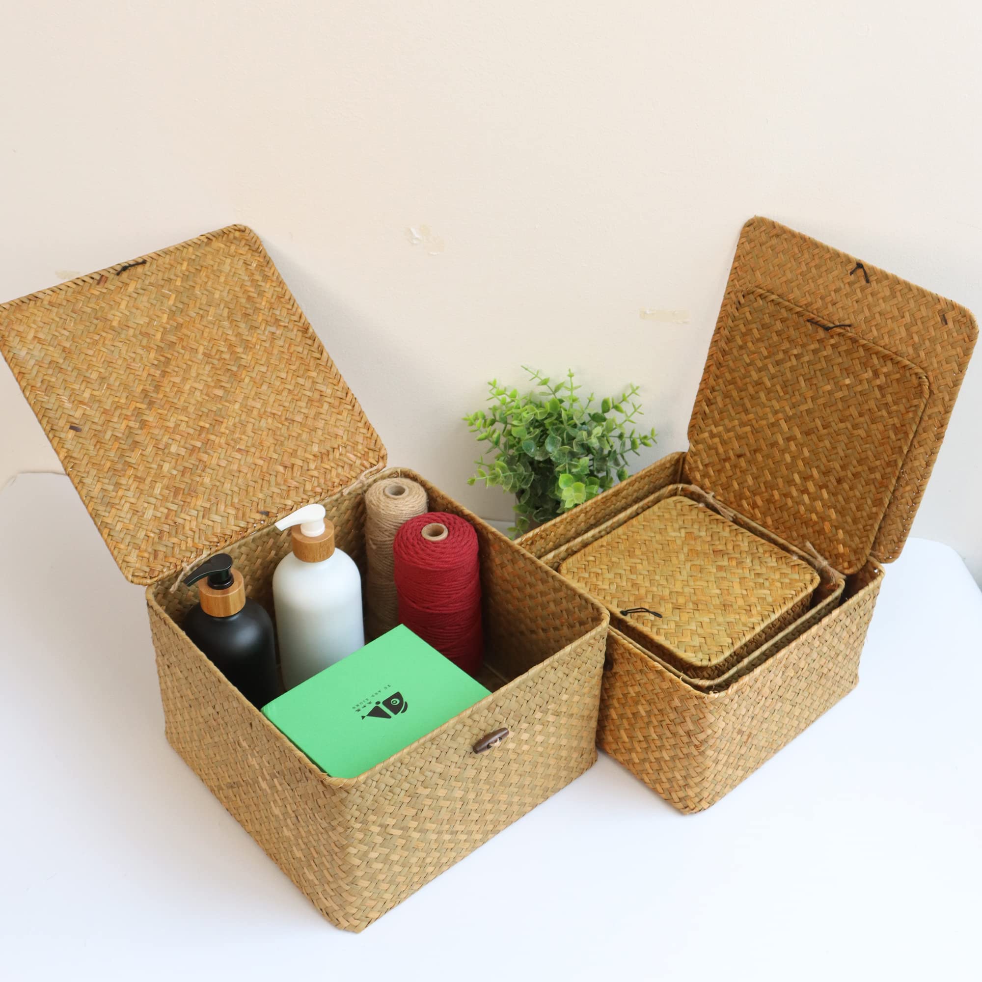 FEILANDUO 4Pcs Wicker Storage Baskets with Lids Seagrass Woven Baskets for Shelves Stackable Storage Boxes for Organizing Rattan Bins (Natural)