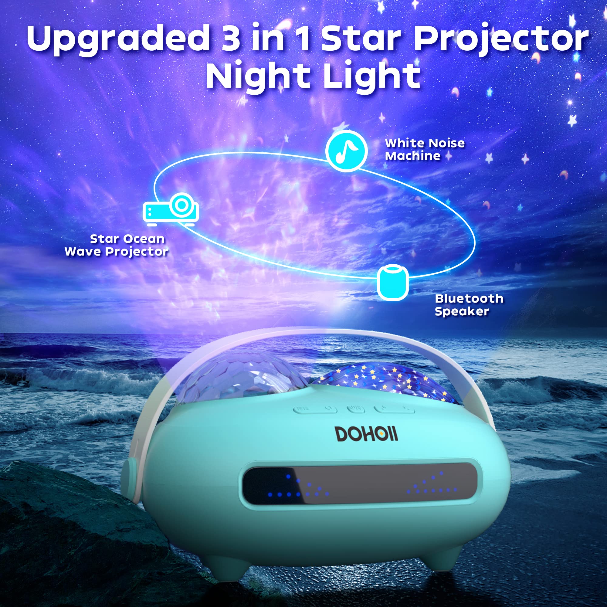 Dohoii Star Projector, Galaxy Projector Night Light for Kids, Ocean Wave Projector with Bluetooth Speaker & White Noise, Rechargeable Table Projection Lamp for Bedroom, Ceiling, Party (Black)