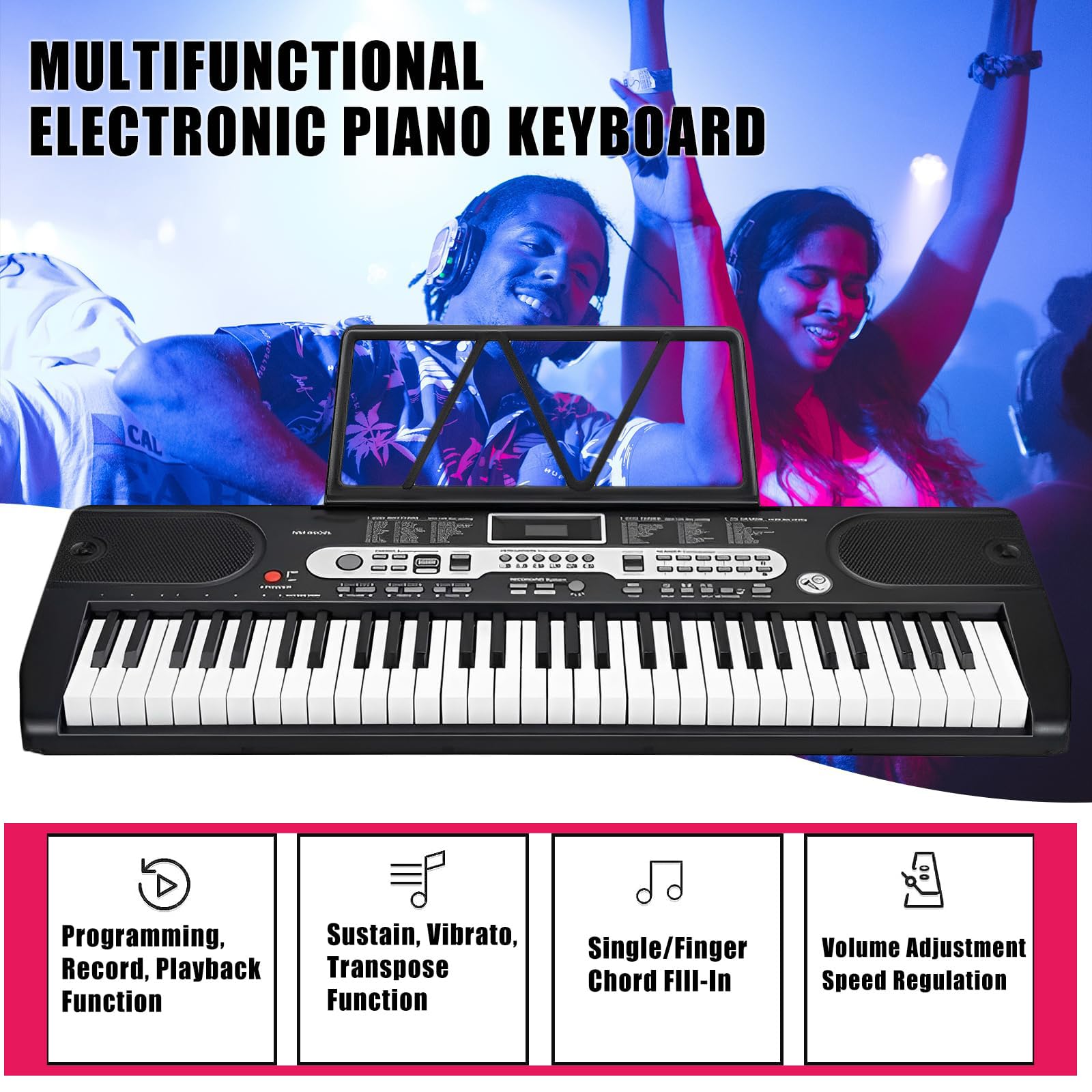 Fujampe 61Key Keyboard Piano W/Lighted Keys, LCD Display, Piano Bench, Microphone, Headphones, Note Stickers, Keyboard Stand, Music Stand, Electric Portable Piano Keyboard for Beginners