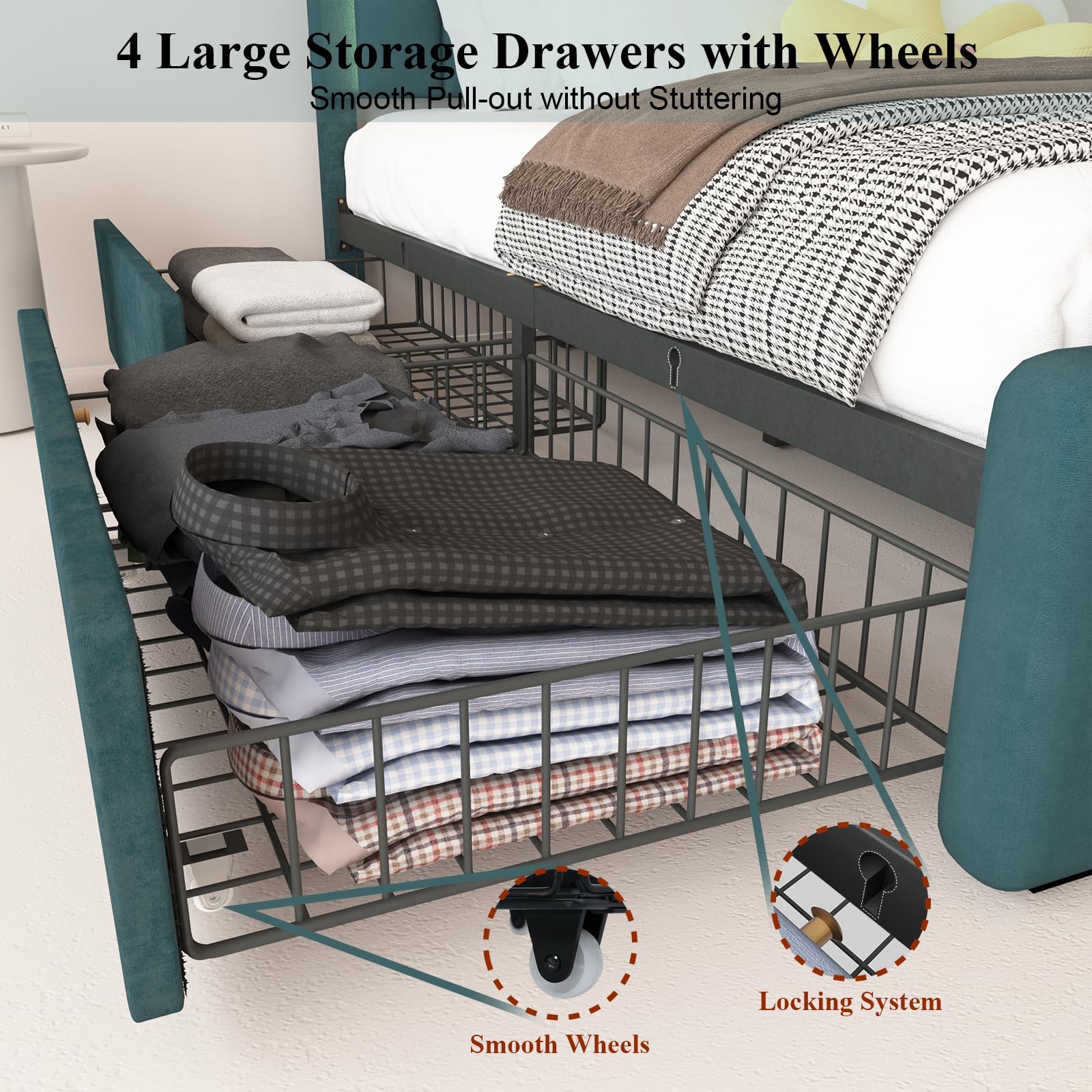 Kallabe King Size Bed Frame with 4 Storage Drawers, Upholstered Platform Bed with LED Light and Adjustable Headboard, Wooden Slats Support, No Box Spring Needed, Light Luxury Design,Dark Green
