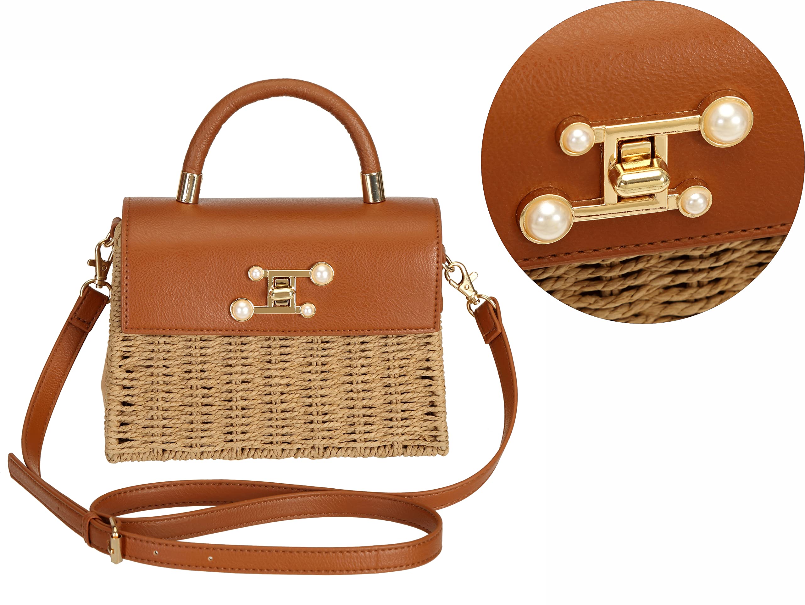 FUSMIC Women's Handbag Straw Handmade Decorative Buckle Square Rattan Weave Shoulder Bag Khaki