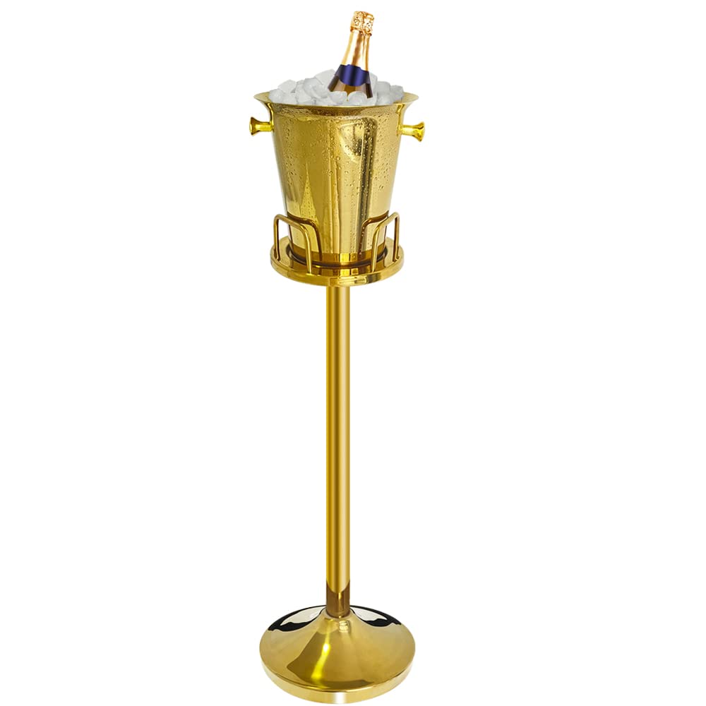Ice Bucket with Stand 201 Stainless Steel Ice Bucket Standing Hammered 13Lbs Gold Ice Bucket with Carrying Handle for Wine Champagne Beer KTV Clubs Bar Parties (Total Height: 91cm,5L)