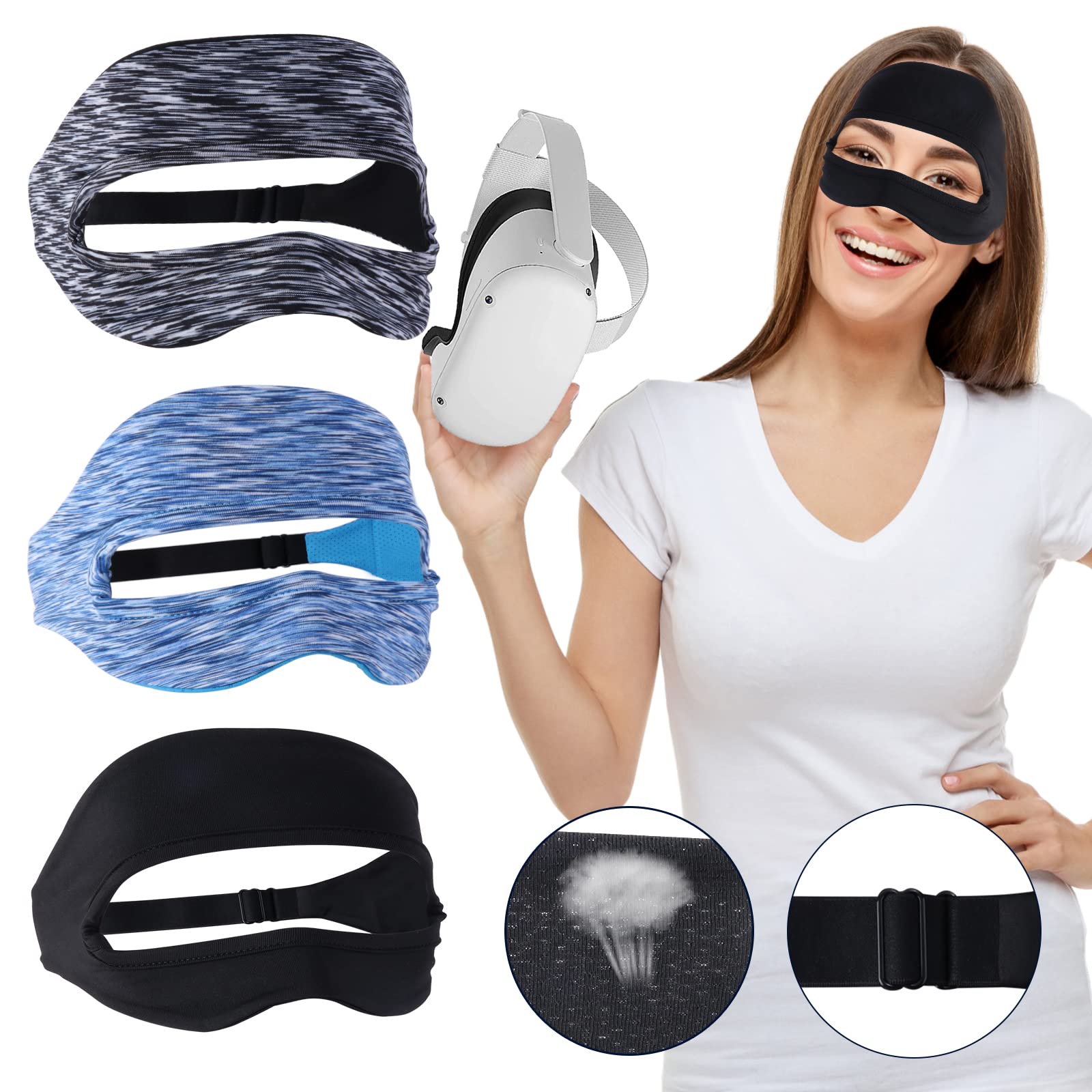 Flokinice 3Pcs VR Mask Cover Breathable Sweat Band for Oculus Go Quest 2, Adjustable Protect Facial Skin Replace Silicone Face Cover Pad for HTC Vive, PS, Gear, VR Workouts (Black/Blue/Grey)
