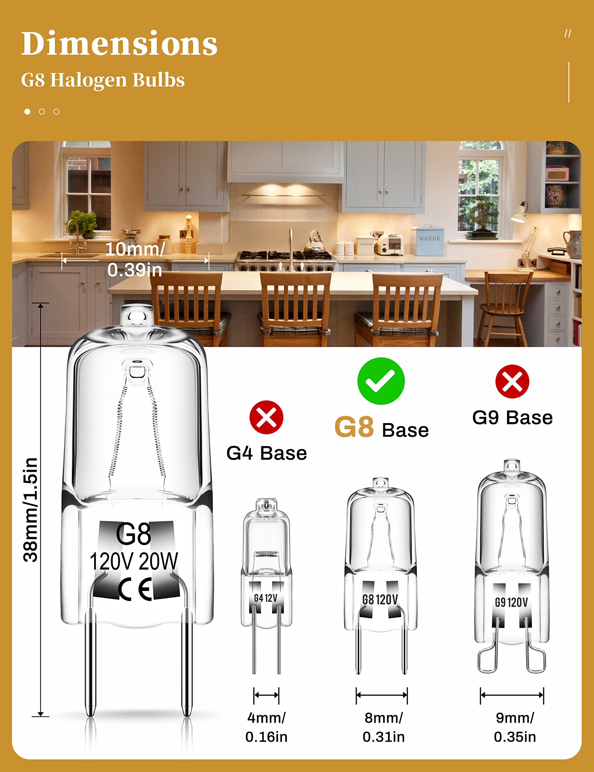 DORESshop G8 Halogen Light Bulbs, Halogen Light Bulbs 2 pin, 20W Dimmable 120V G8 Base 2Pin Xenon Bulb T4 Warm White Under Cabinet Puck Lighting Replacements, Kitchen Hood, Landscape Lights, 10 Pack