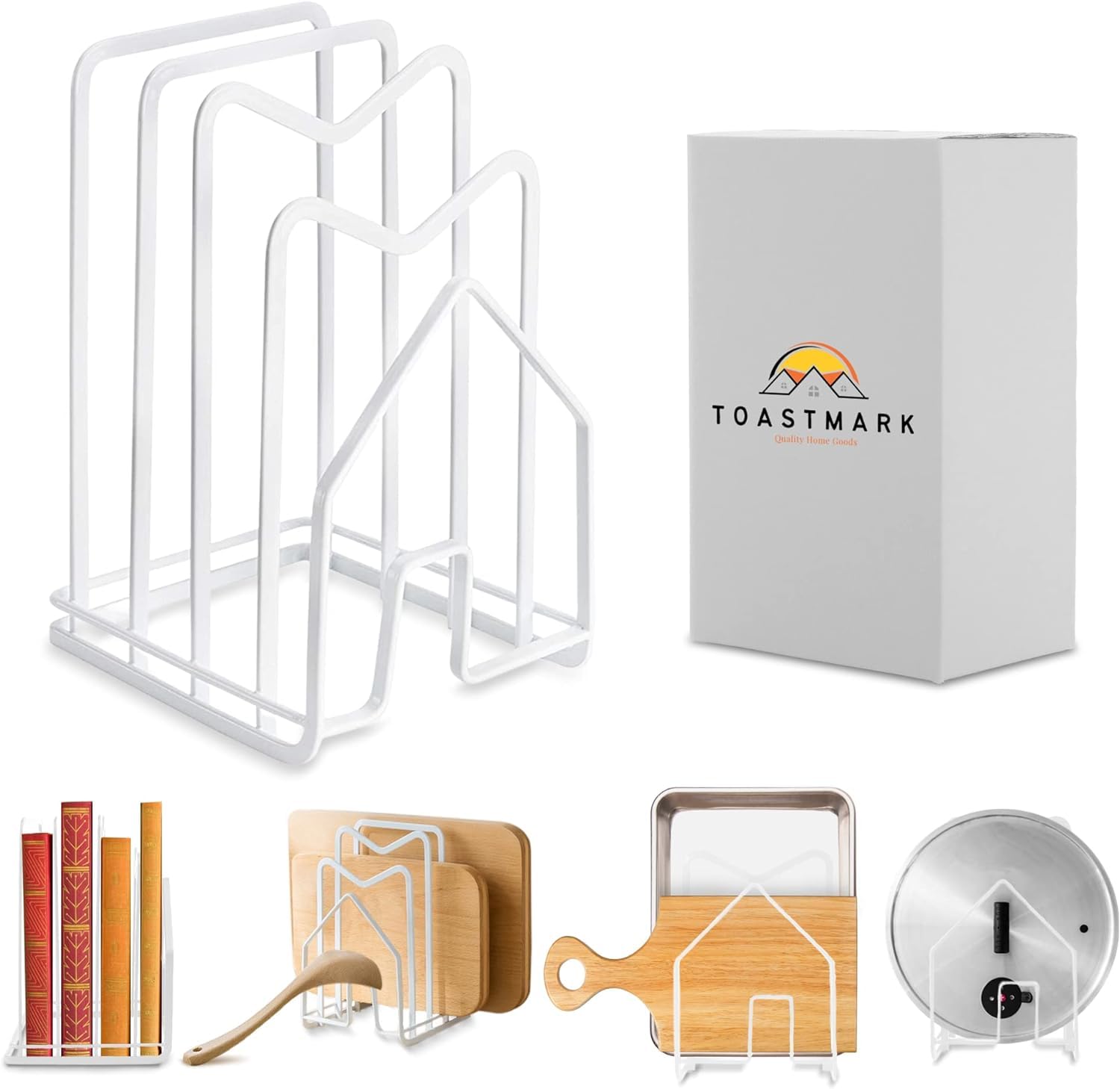Cutting Board organizer-Streamline Your Kitchen with a 4-Slot Board Organizer- Keep Countertops Clutter-Free and Pots and Pans Neatly Stacked - Measures 12.5x14.5 (White)