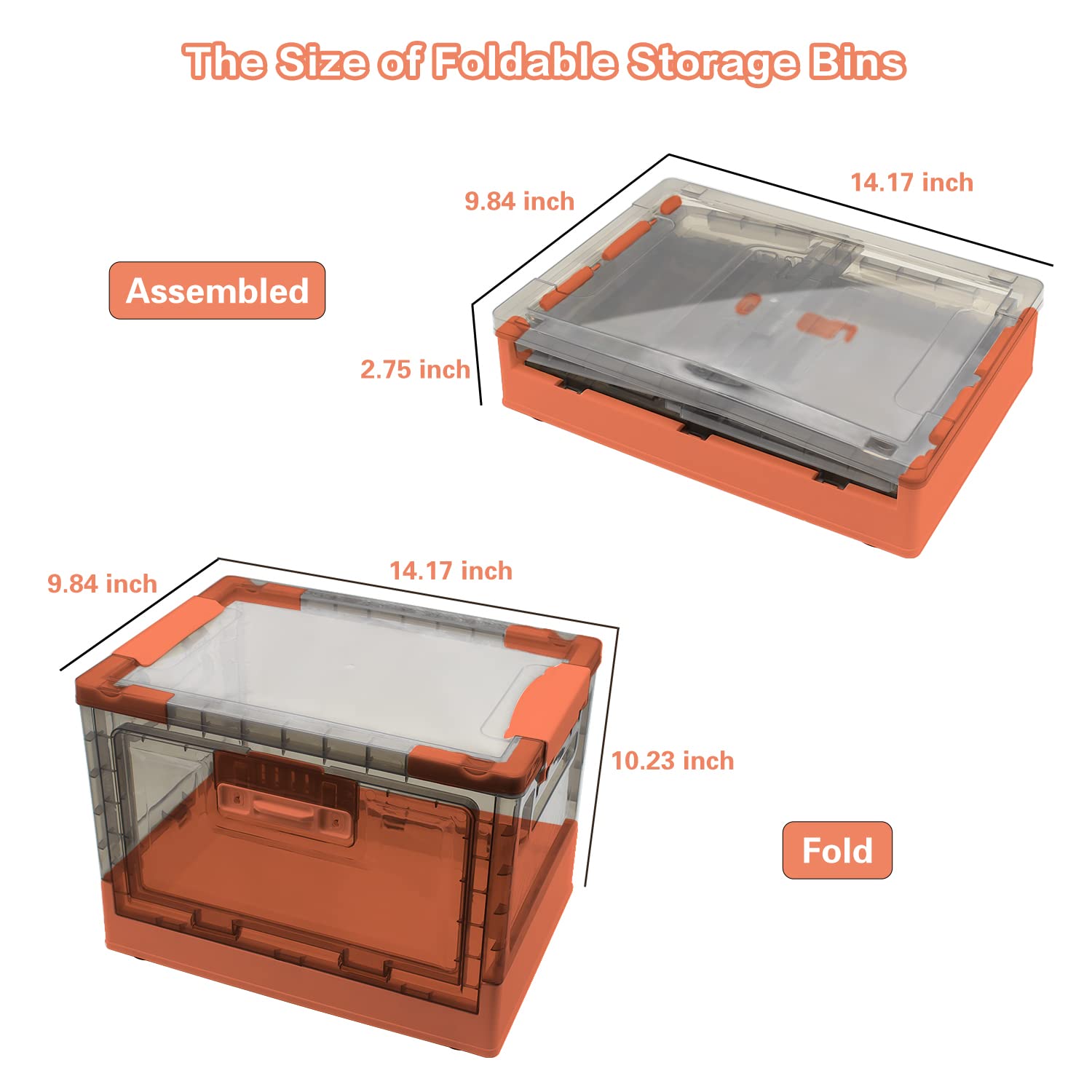 Dollox 2 Pack Plastic Storage Bins with Lids, Stackable Storage Bins, Clear Storage Bins Plastic Storage Cart Foldable Box with Wheels Storage Box Totes for Home Room Organizer(Orange)