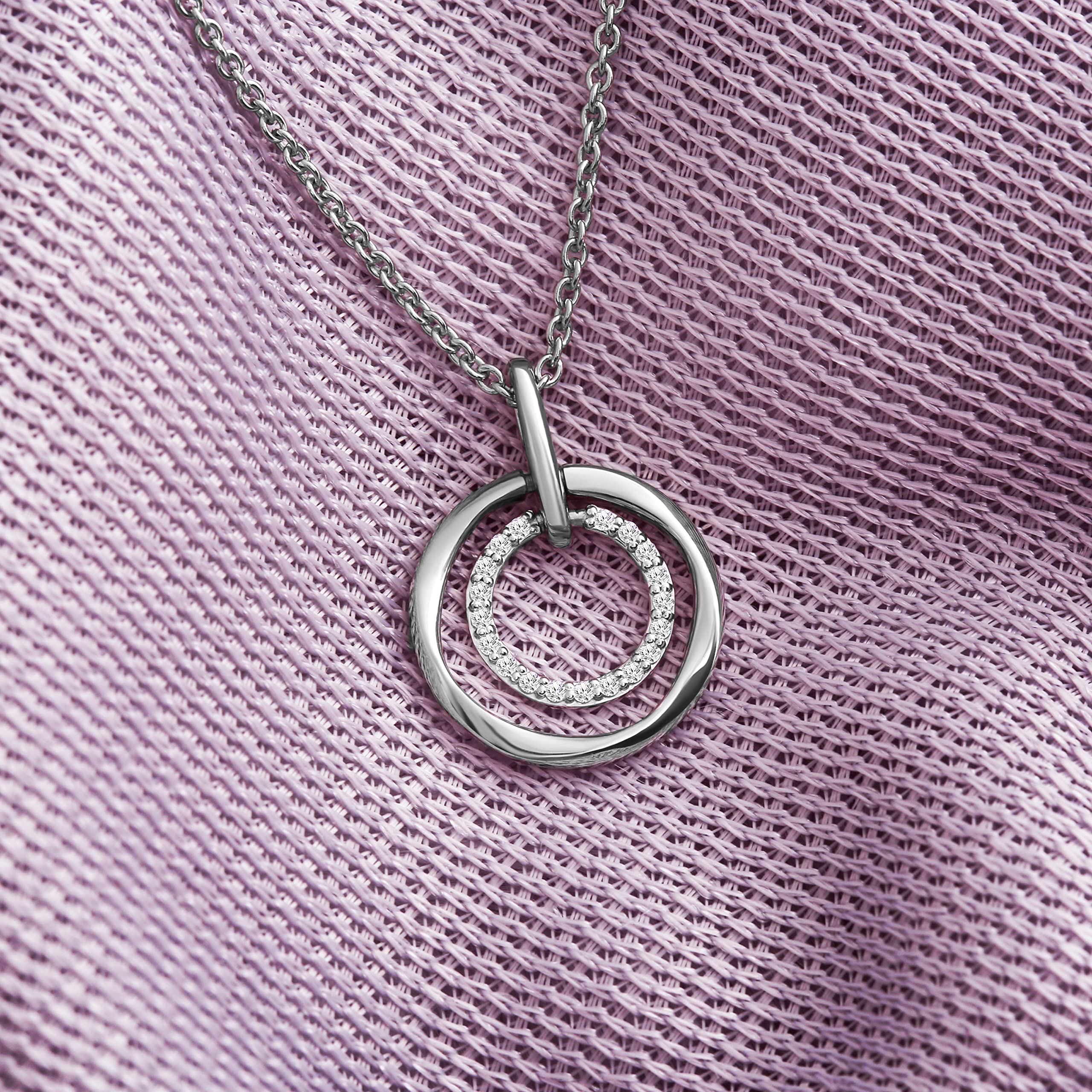 Elmas 1/10ct Round White Diamond 925 Sterling Silver Double Circle in Circle Pendant Necklace for Women