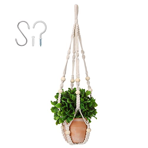 Mivofo Macrame Plant Hanger 35", No Tassel Hanging Plant Holder, Sturdy Flower Pot Holder with 2 Hooks - Ivory